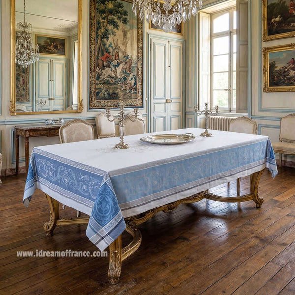 62x98" Rectangular Versailles Gray & Blue French Jacquard Tablecloth by ...