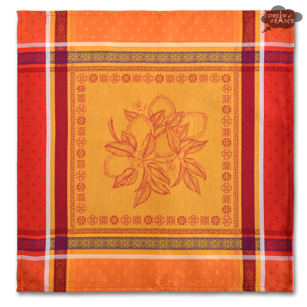 62" Square Cedrat Red & Yellow French Jacquard Tablecloth by Tissus To ...