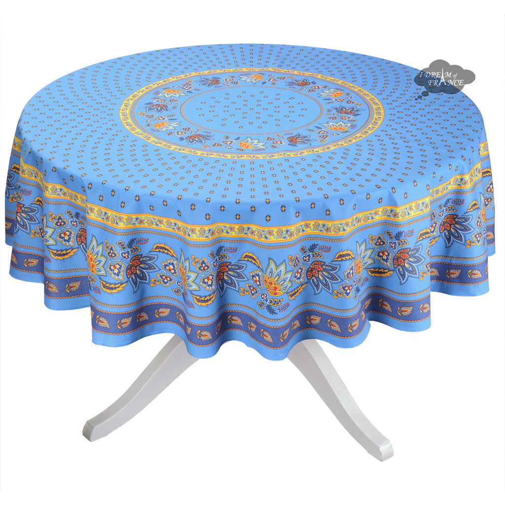 70" Round Lisa Blue Cotton Acrylic Coated French Country Tablecloth - I ...