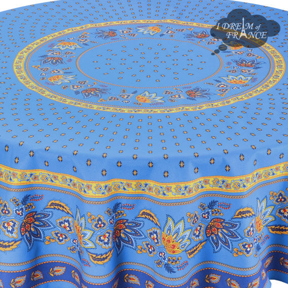 70" Round Lisa Blue Cotton Acrylic Coated French Country Tablecloth - I ...