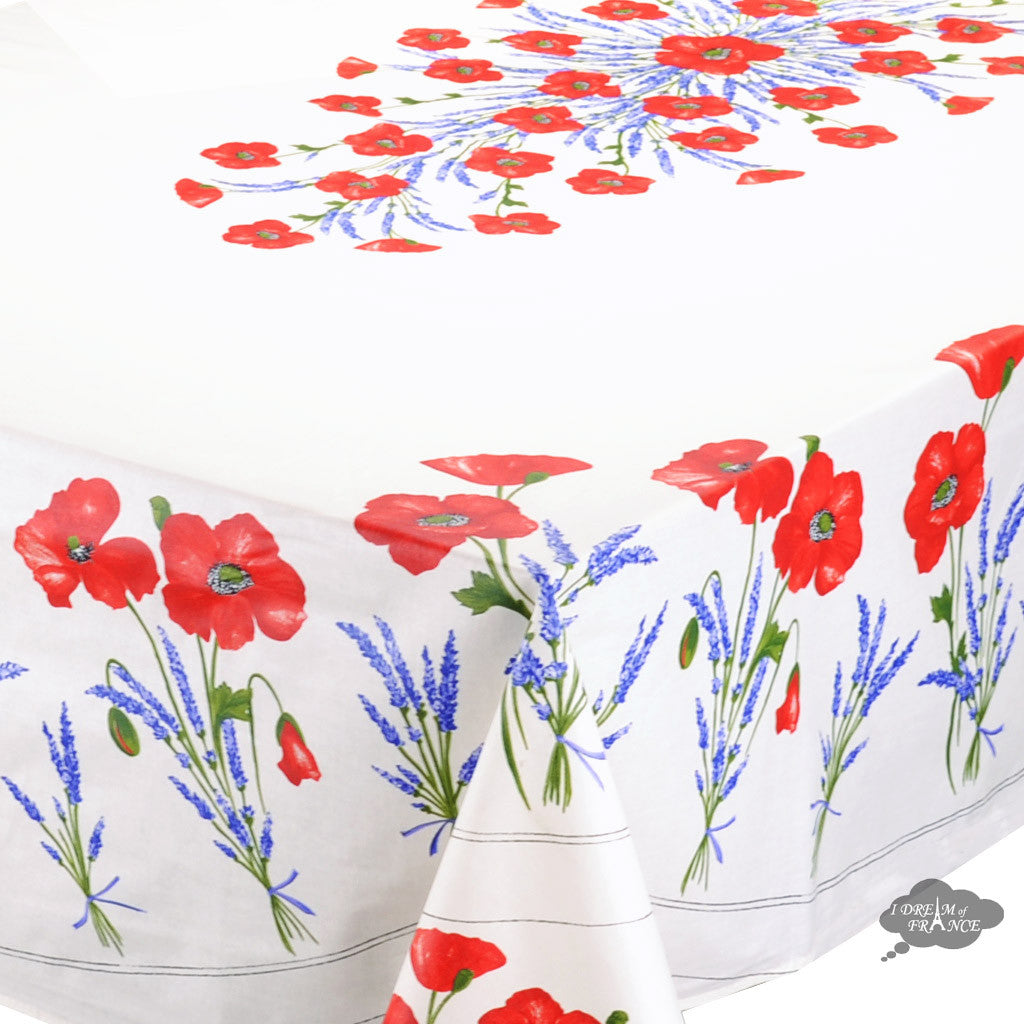 60x96" Rectangular Poppies Cream Acrylic Coated Cotton Tablecloth by ...