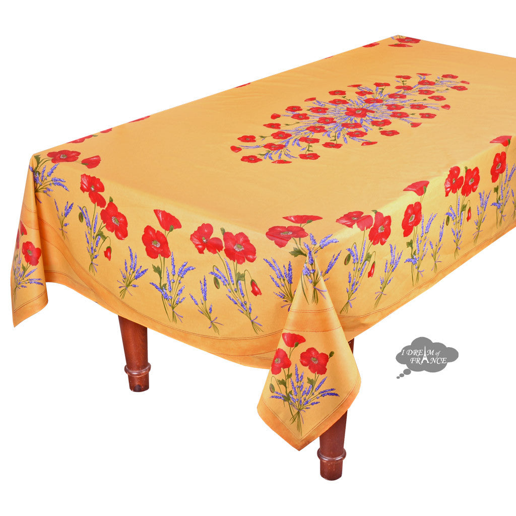 60x96" Rectangular Poppies Yellow Acrylic Coated Cotton Tablecloth by ...