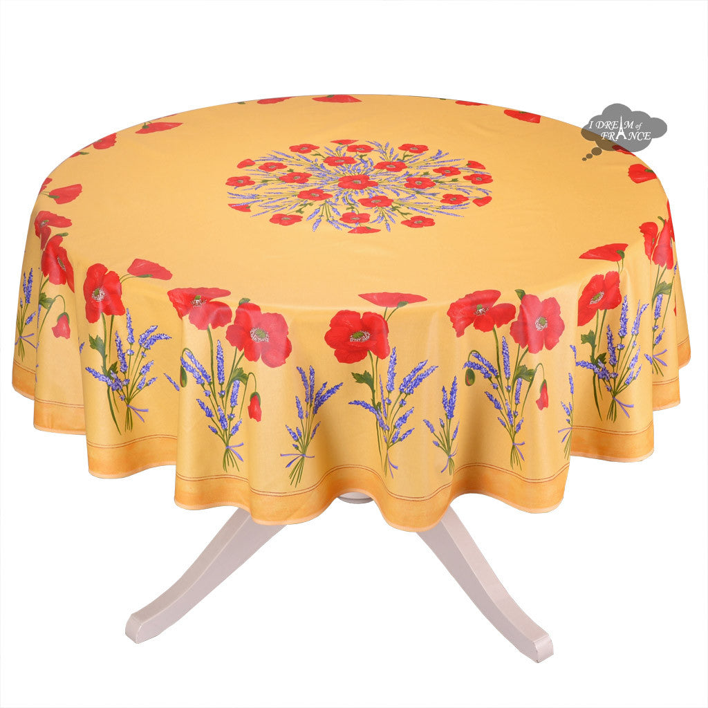 70" Round Poppies Yellow Acrylic-Coated Cotton Tablecloth by Tissus ...