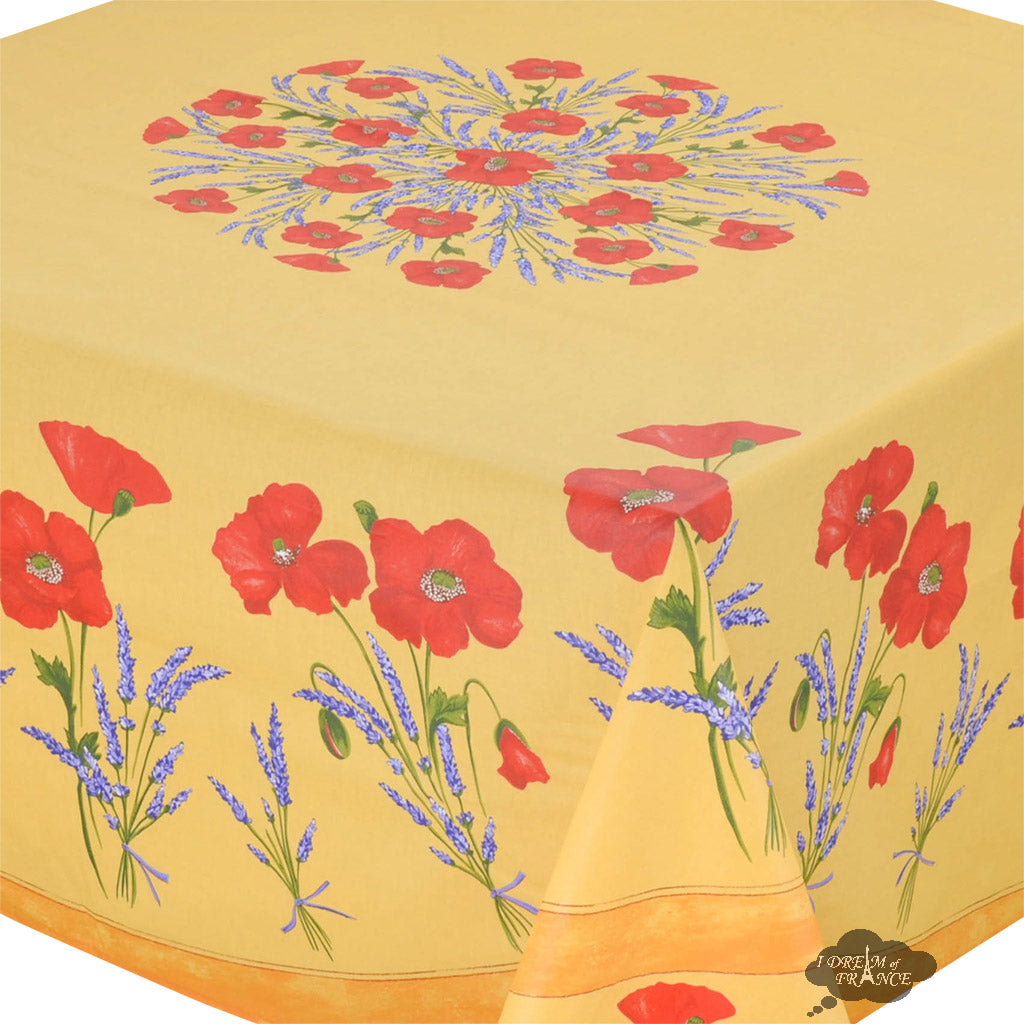 70" Round Poppies Yellow Acrylic-Coated Cotton Tablecloth by Tissus ...