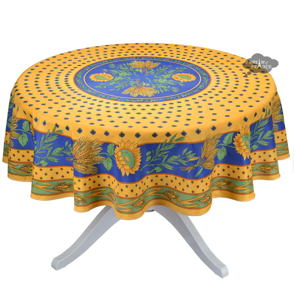 Tournesol Blue/Yellow French Provencal Polyester Tablecloth - 70" Roun ...